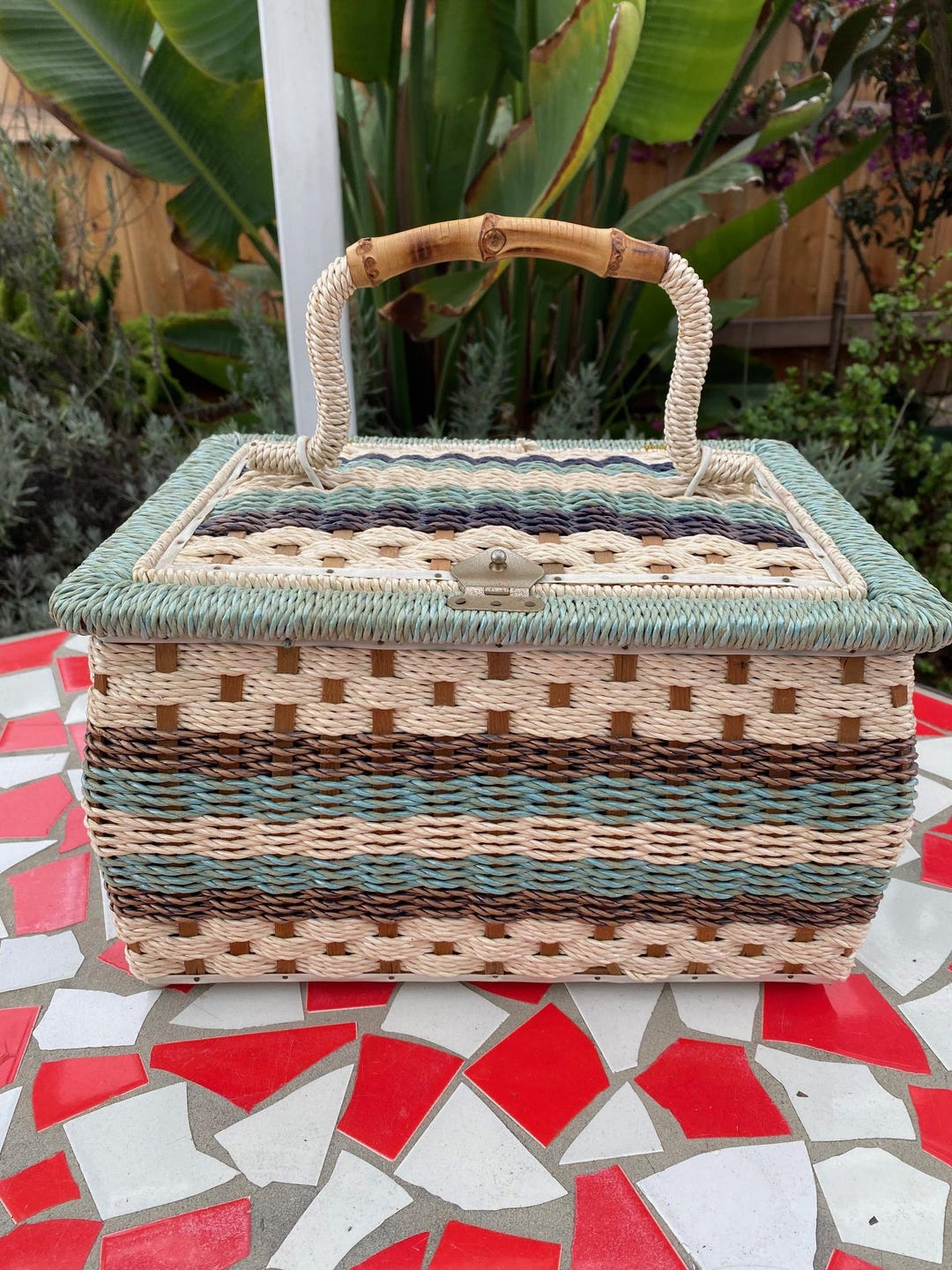 Vintage Large Size Sewing Basket, Bamboo Handle - Etsy