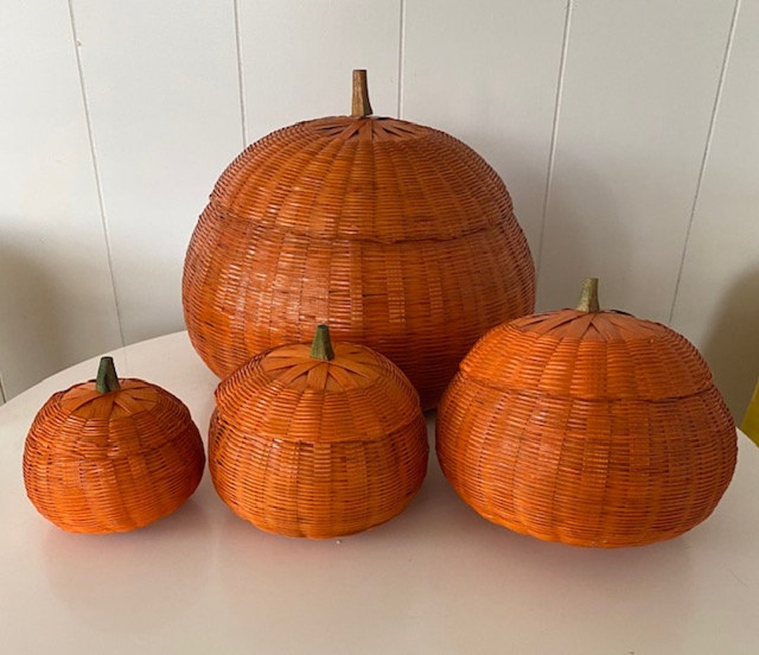 Set of Four Wicker Pumpkins, Halloween Decor, Thanksgiving Decor, Fall ...