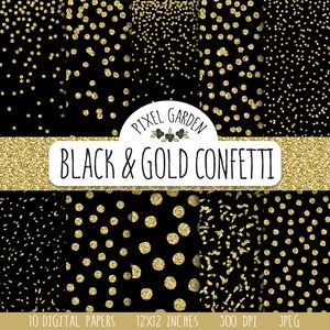 Gold Glitter Confetti Digital Paper. Black and Gold Confetti ...