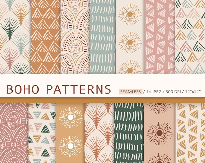 Abstract Boho Seamless Patterns. Hand-drawn Boho Digital Paper. Minimalist Rainbow Digital Paper ...