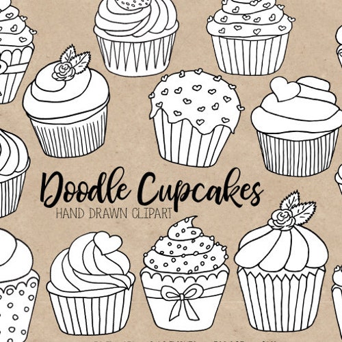 Doodle Cupcake Clipart. Hand Drawn Black & White Cupcake - Etsy