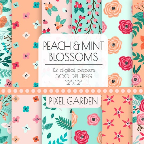 Pink & Blue Floral Digital Paper. Peony Rose Blossom Teal - Etsy