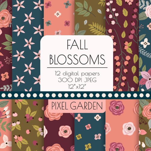Fall Floral Digital Paper. Autumn Rose Peony Flower Patterns. | Etsy