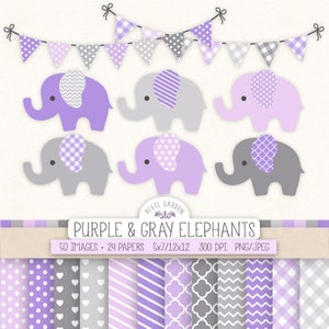 Purple Elephant Clipart. Baby Shower, Nursery Clip Art & Digital Paper ...