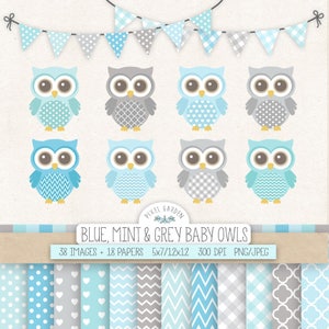 Baby Owl Clip Art for Nursery, Baby Shower. Baby Boy Digital Paper ...