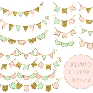 Gold Bunting Banner Clip Art. Mint & Pink Bunting Clipart. Gold Glitter ...
