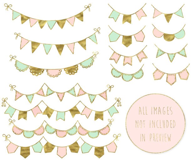 Gold Bunting Banner Clip Art. Mint & Pink Bunting Clipart. | Etsy