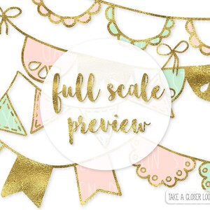 Gold Bunting Banner Clip Art. Mint & Pink Bunting Clipart. Gold Glitter ...