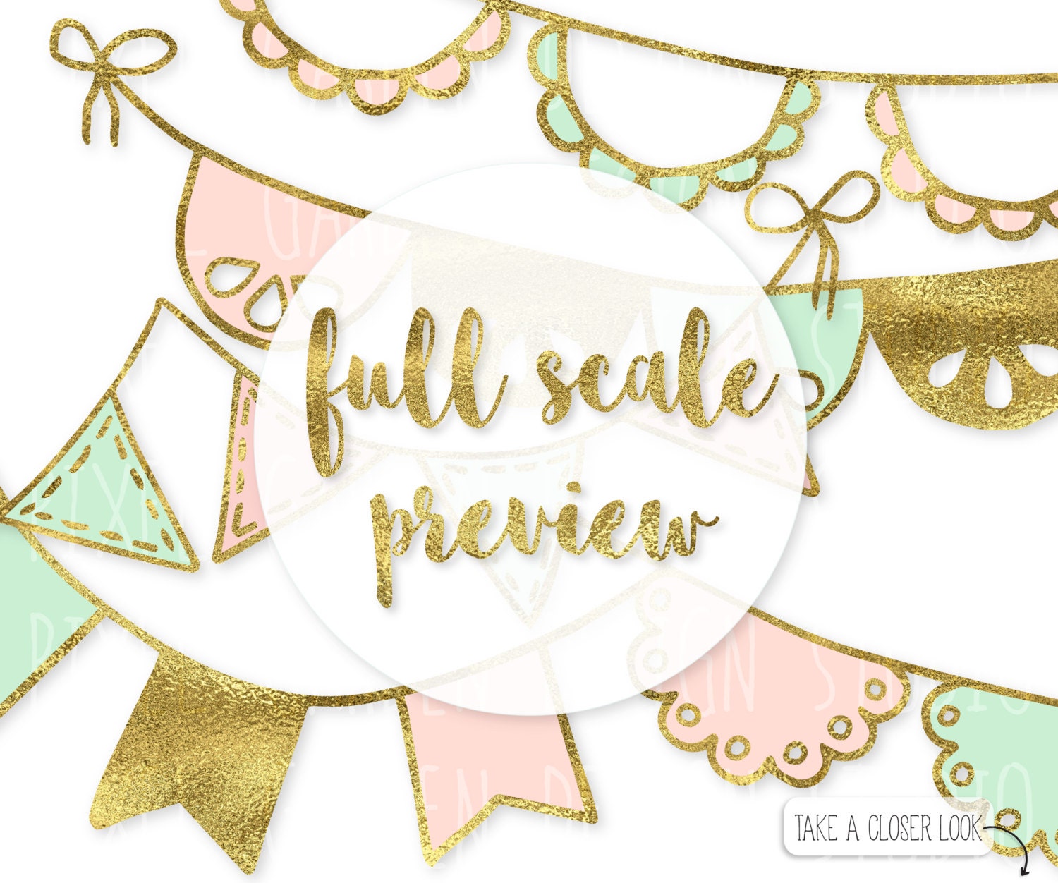 Gold Bunting Banner Clip Art. Mint & Pink Bunting Clipart. | Etsy