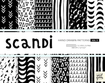 Nordic Digital Paper. Black White Hand Drawn Geometric | Etsy