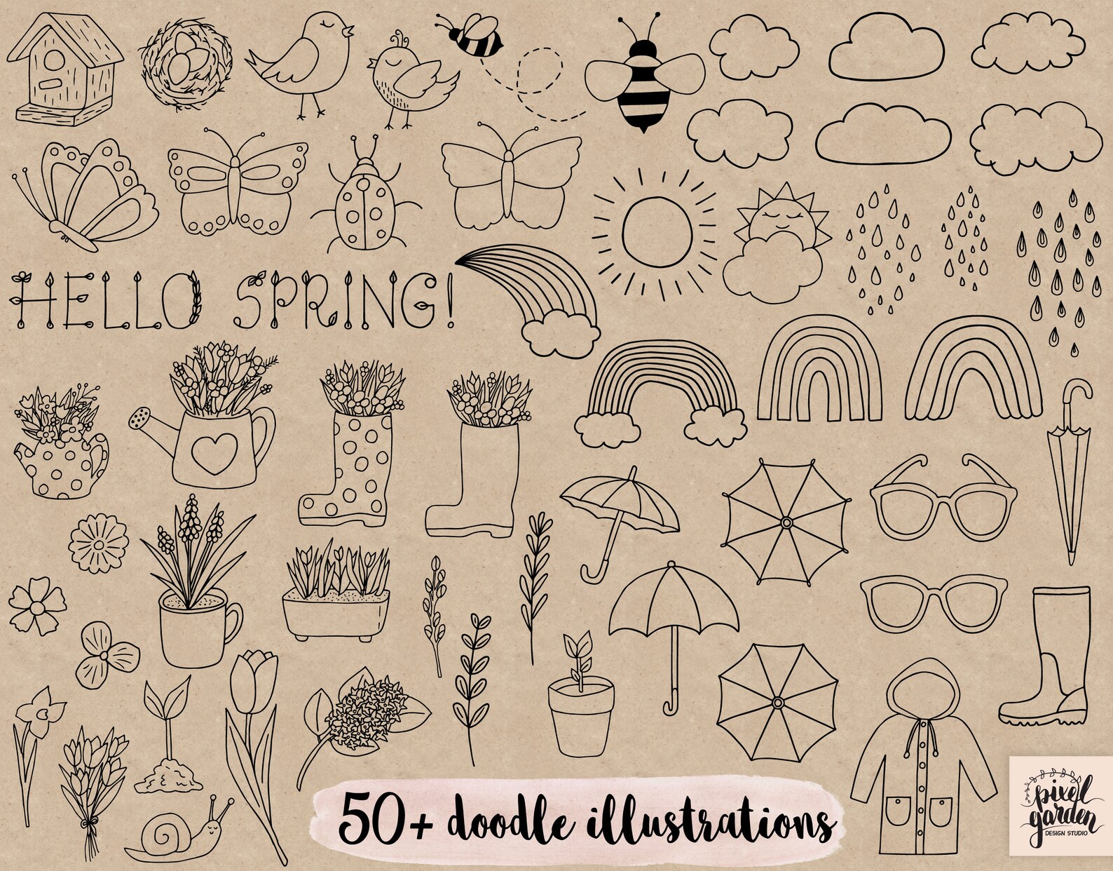 Black & White Spring Clipart. Hand Drawn Floral Clip Art. Rainbow, Rain ...