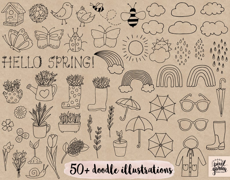 Black & White Spring Clipart. Hand Drawn Floral Clip Art. - Etsy