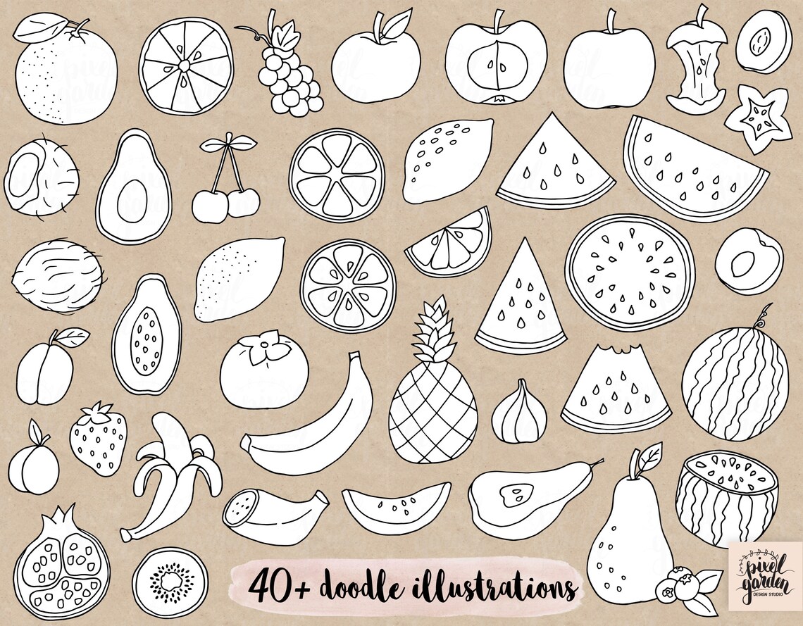 Hand Drawn Fruits Clipart. Tropical Fruits, Berries Clipart. Summer ...