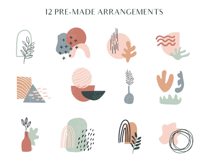 Abstract Boho Shapes Clip Art. Organic Abstract Collage Element Clipart. Mint, Pink Geometric ...