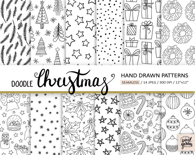 Black & White Christmas Tree Clipart. Hand Drawn Minimalist ...