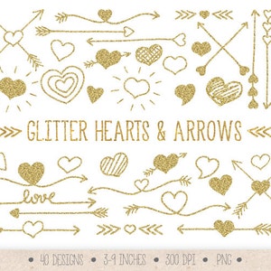 Gold Glitter Hearts and Arrows Clip Art. Valentine's Day Doodle Arrows ...