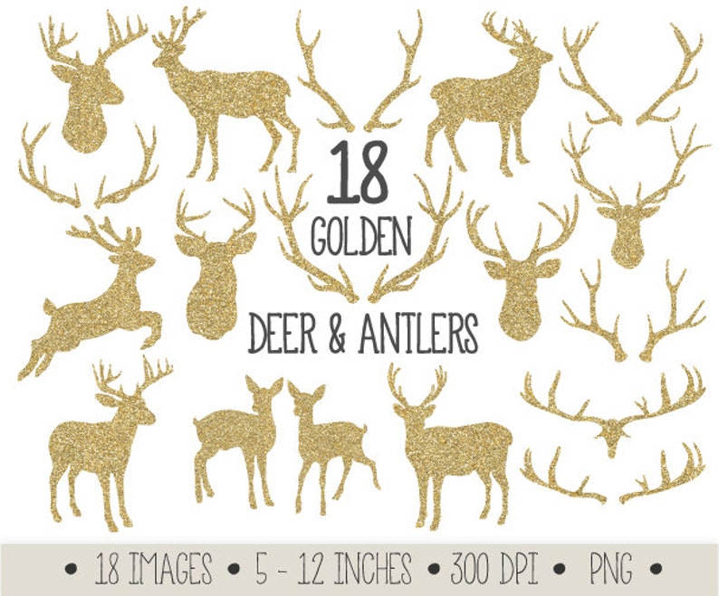 Deer Clipart. Antler Clip Art. Gold Glitter Digital Deer & - Etsy Canada