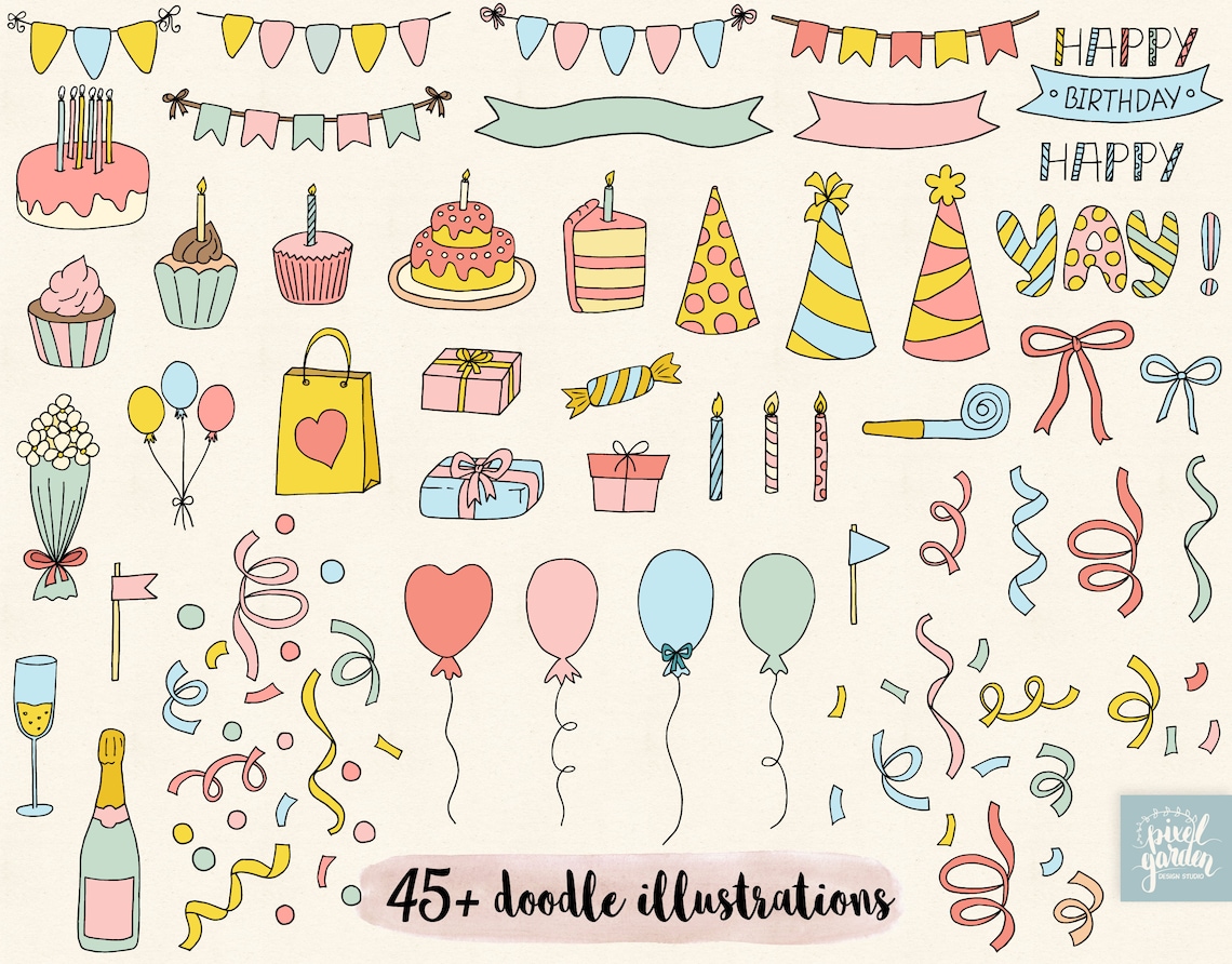 Birthday Clipart. Hand Drawn Birthday Clip Art. Celebration - Etsy