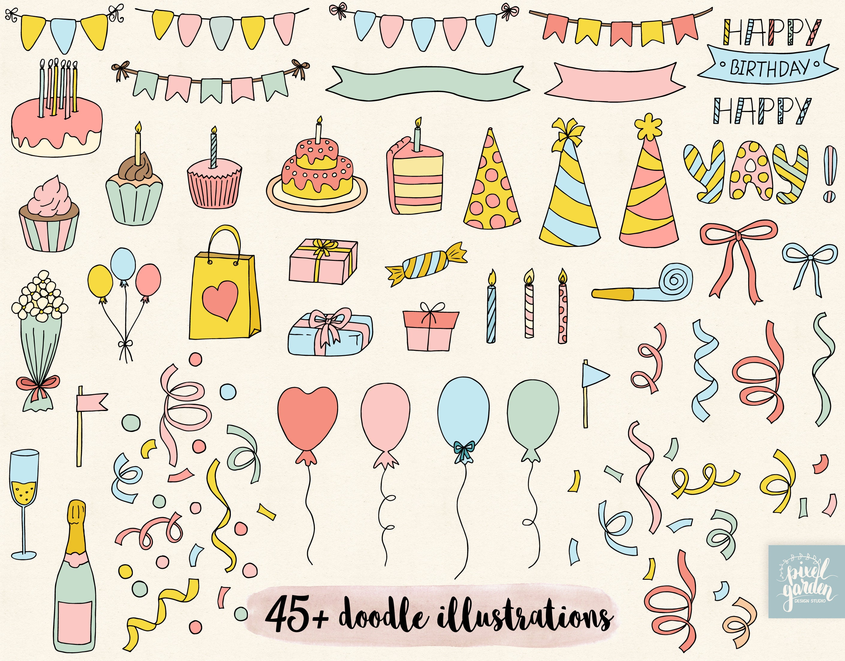 Birthday Clipart. Hand Drawn Birthday Clip Art. Celebration Clipart ...