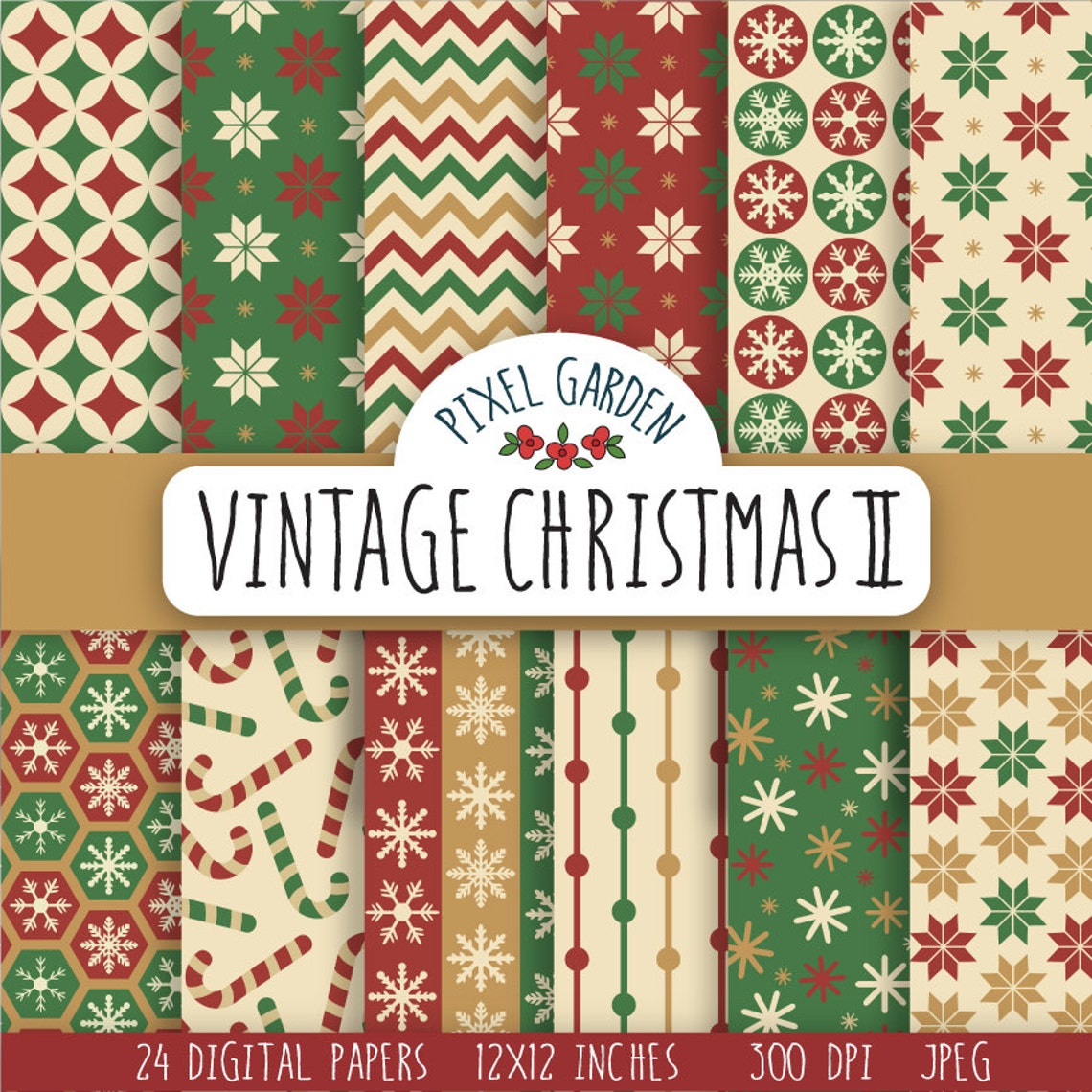 Retro Christmas Digital Paper. Vintage Christmas Holiday Patterns. Red ...