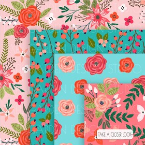 Pink & Blue Floral Digital Paper. Peony, Rose Blossom Teal, Coral ...