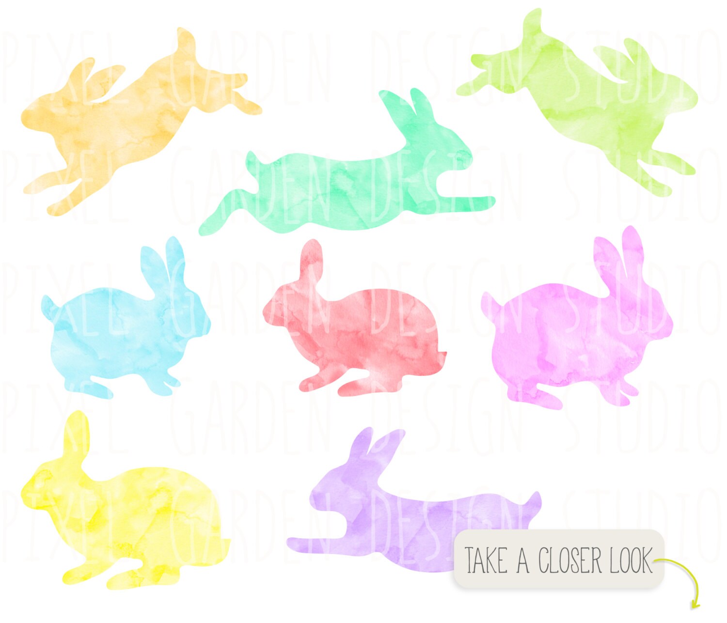 Watercolor Easter Bunny Clip Art. Spring Bunny Silhouette | Etsy