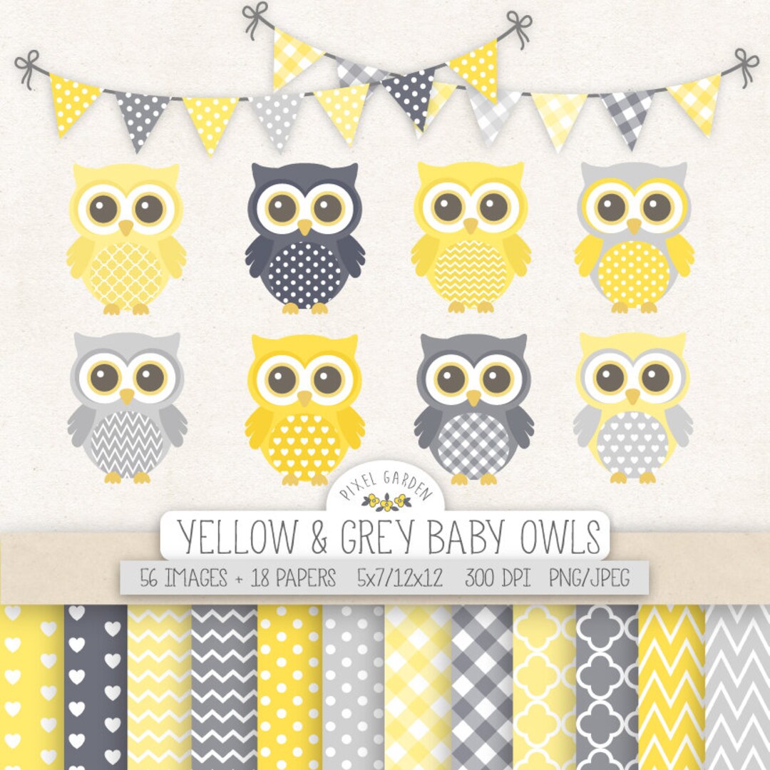 Baby Owl Clip Art. Nursery, Yellow, Gray Baby Shower Clipart. Baby Boy ...
