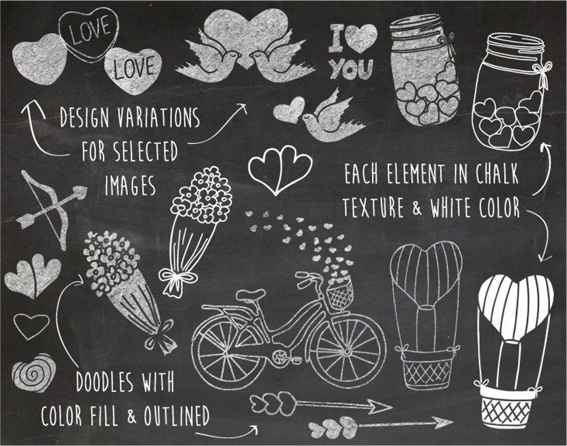 Chalk Valentines Day Clipart. Doodle Love Wedding Clip Art. - Etsy