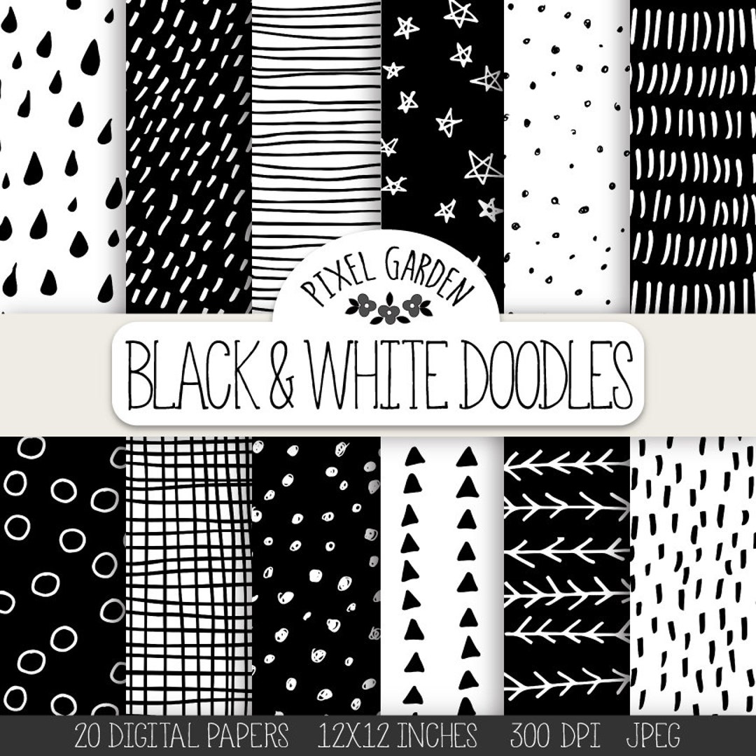 Hand Drawn Doodle Digital Paper. Black & White Geometric Doodle ...