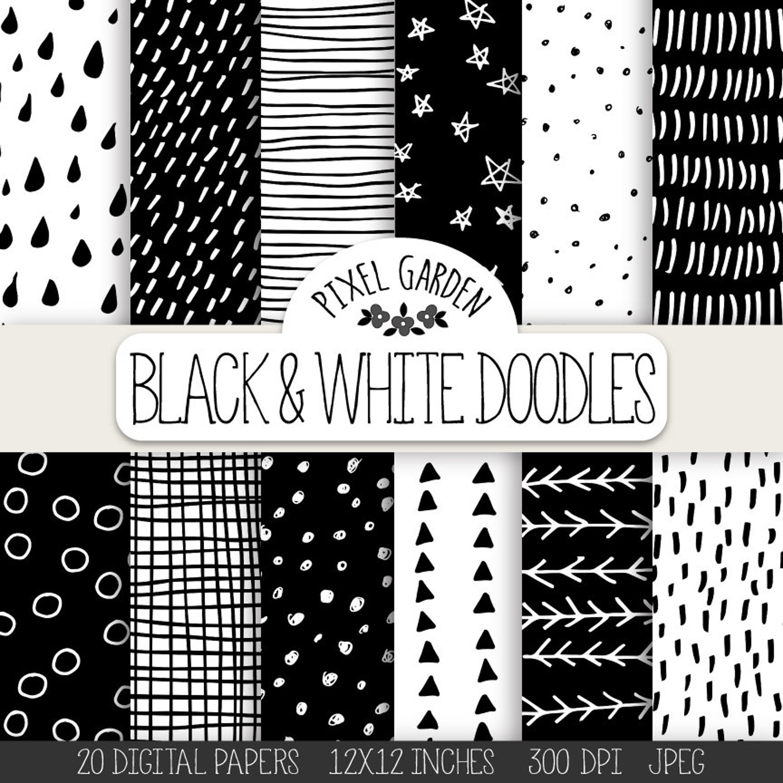 Hand Drawn Doodle Digital Paper. Black & White Geometric | Etsy