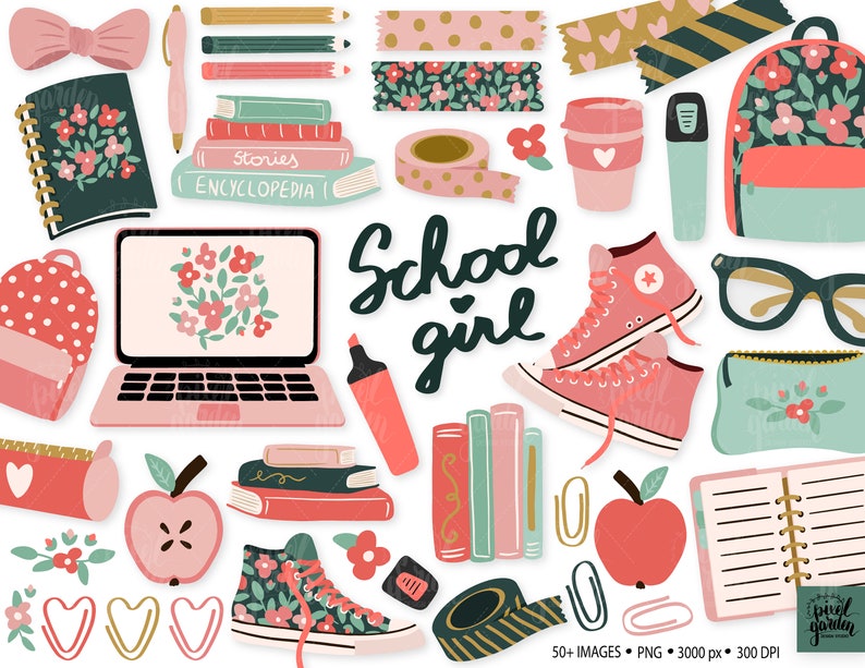 School Girl Clipart. Hand Drawn Back to School Clipart. Cute Office ...