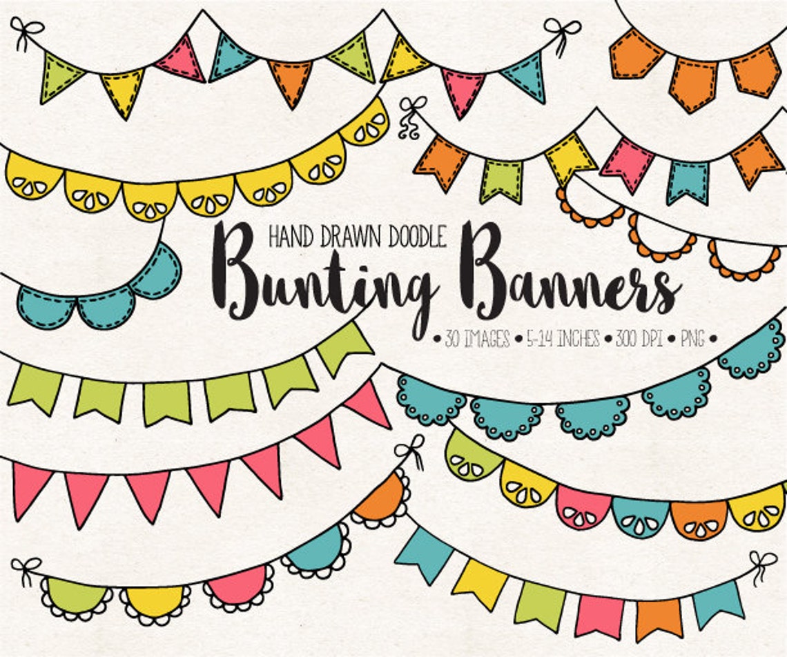 Bunting Banner Clip Art. Hand Drawn Birthday Bunting Banner. - Etsy