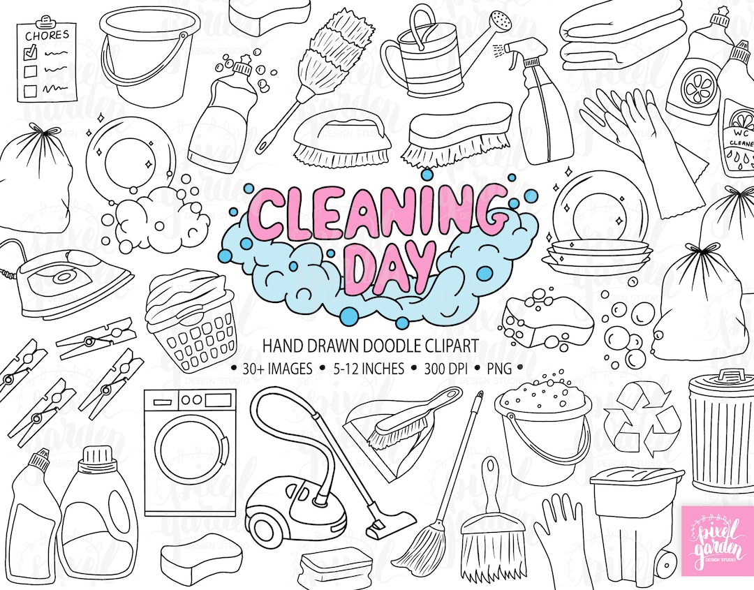 Hand Drawn Chores Clip Art. Black, White Doodle Kids Chores Planner ...