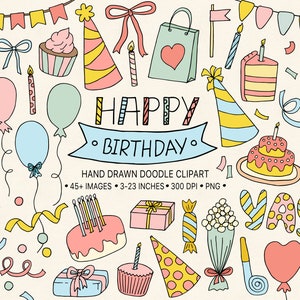 Birthday Clipart. Hand Drawn Birthday Clip Art. Celebration Clipart ...