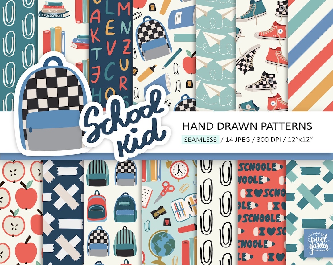 School Boy Digital Paper. Stationery, Backpack, Book, Notebook, Washi ...