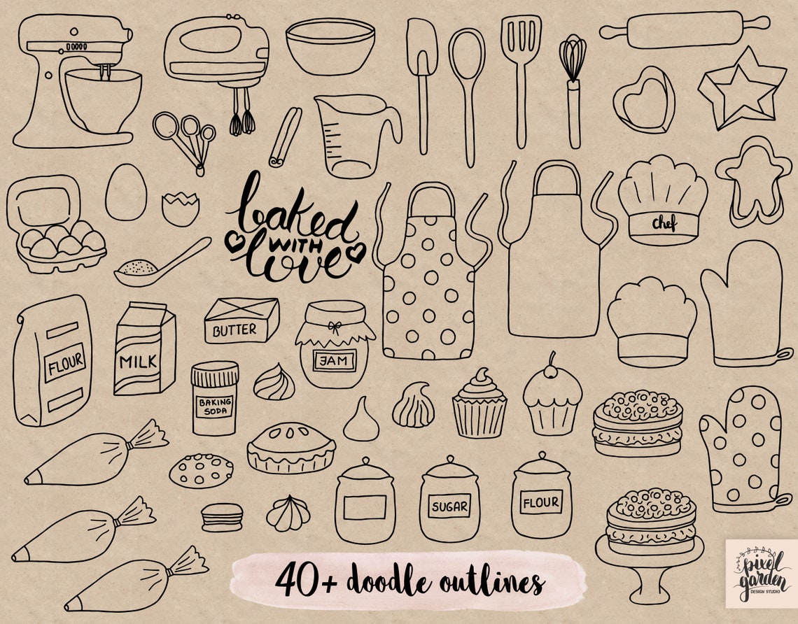Baking Clipart. Hand Drawn Cake, Cookie, Meringue Clip Art. Bakery ...