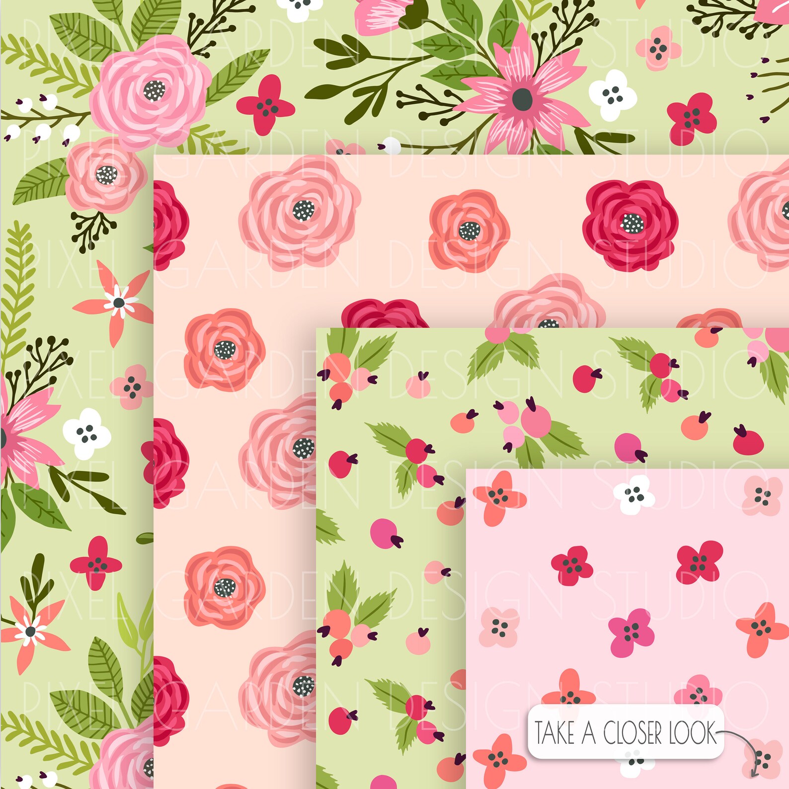 Rose Floral Digital Paper. Pink Green Hand Drawn Peony Rose - Etsy