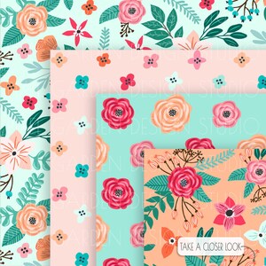 Peach & Mint Floral Digital Paper. Pink, Teal, Coral, Aqua, Mint Peony ...