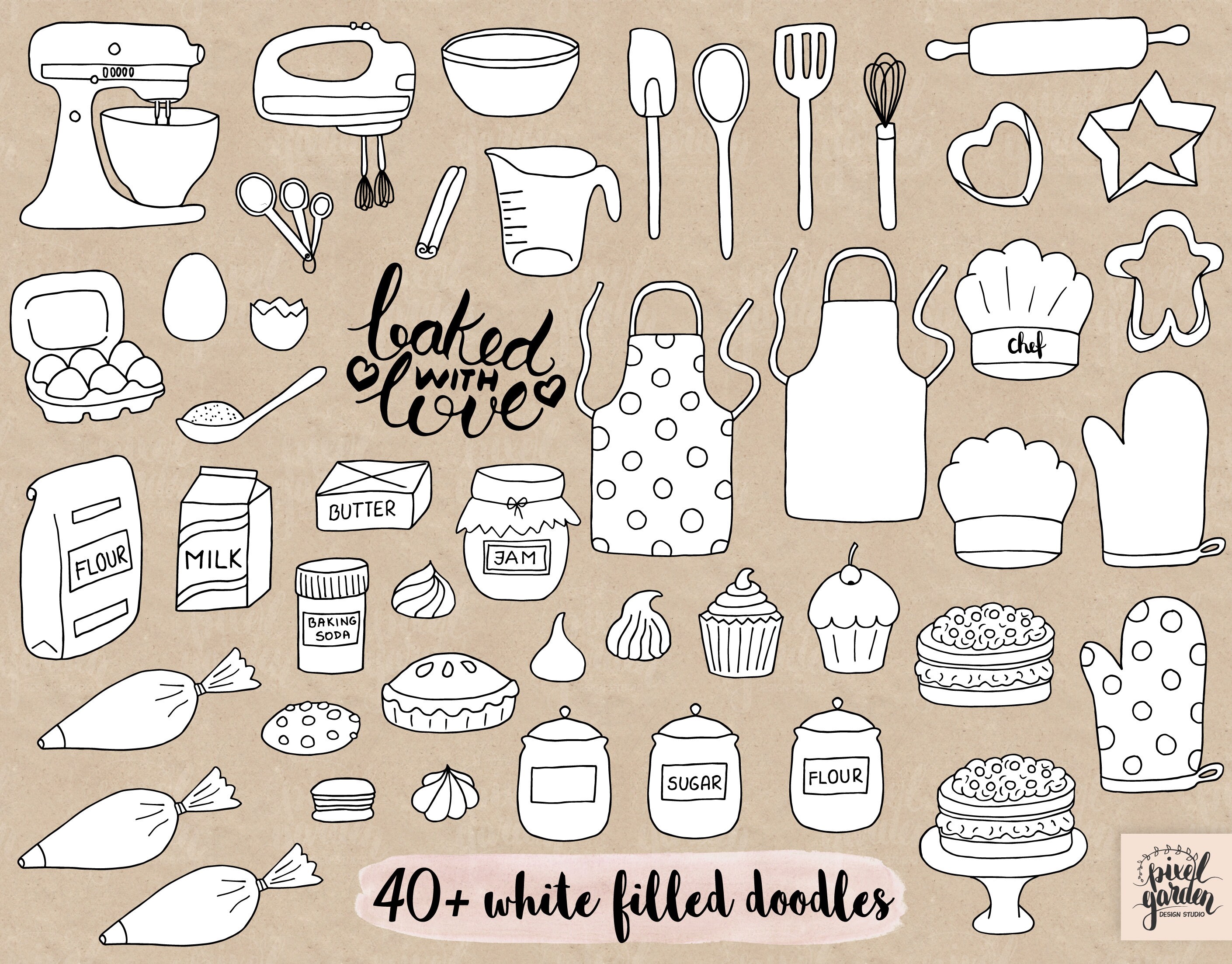 Baking Clipart. Hand Drawn Cake, Cookie, Meringue Clip Art. Bakery ...