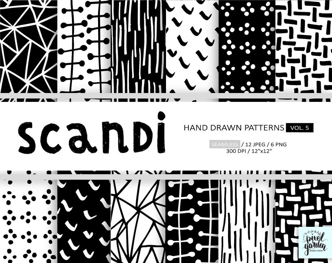 Nordic Digital Paper. Black, White Hand Drawn Geometric Background ...