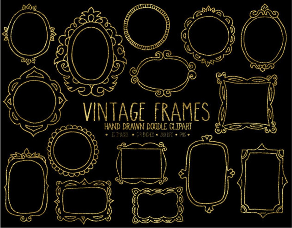 Gold Frame Clipart. Doodle Frames Tags & Labels Clip Art. | Etsy