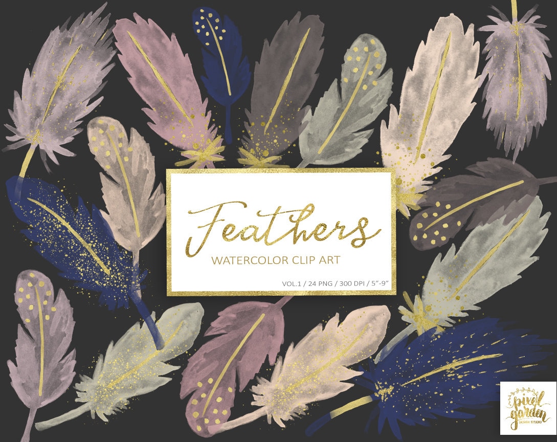 Watercolor Feather Clipart. Pastel Tribal Boho Clip Art. Gold | Etsy
