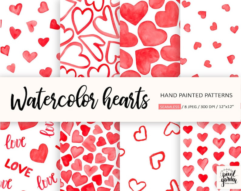 Watercolor Hearts Digital Paper. Valentines Day Digital Background ...