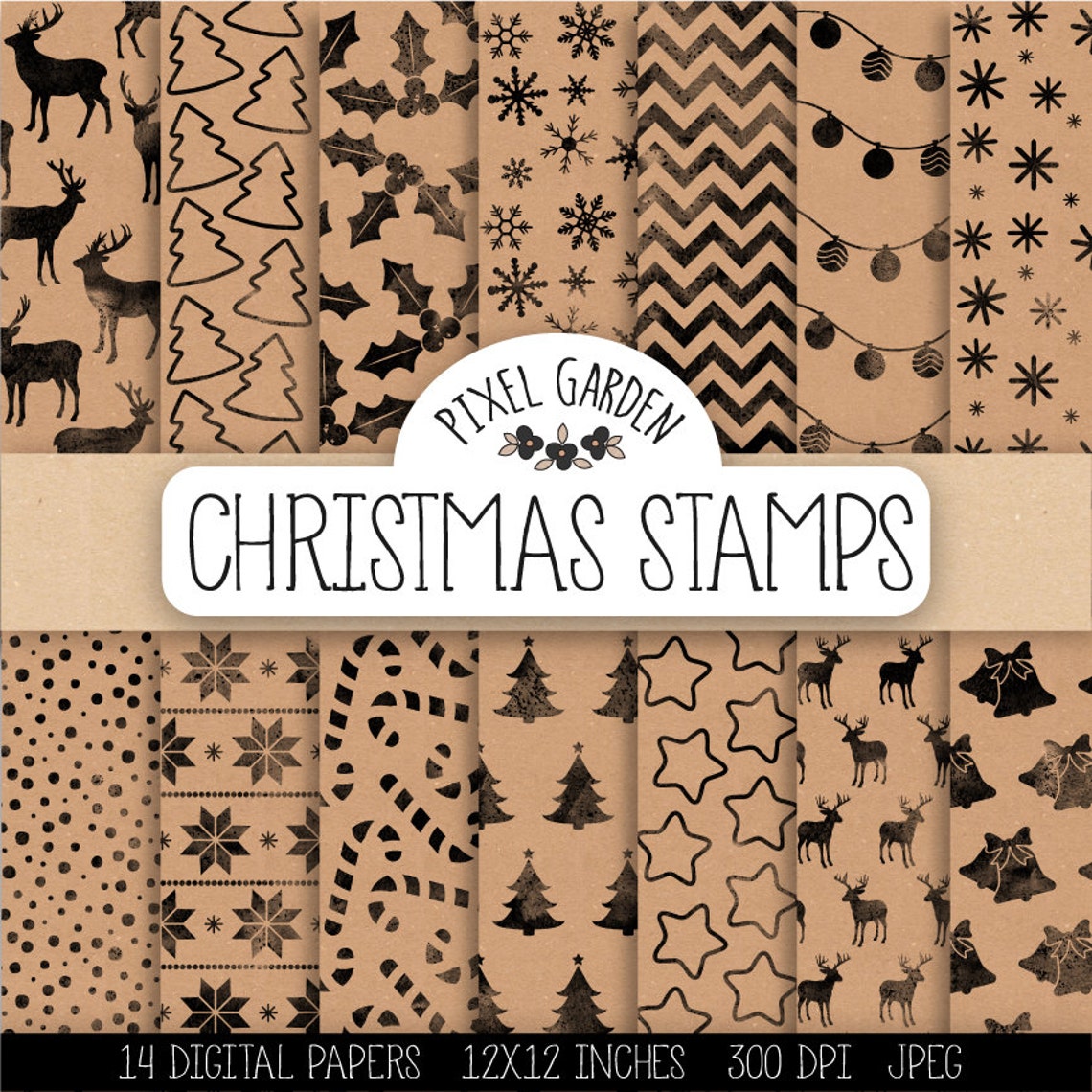 Kraft Christmas Digital Paper. Watercolor Christmas Stamp - Etsy