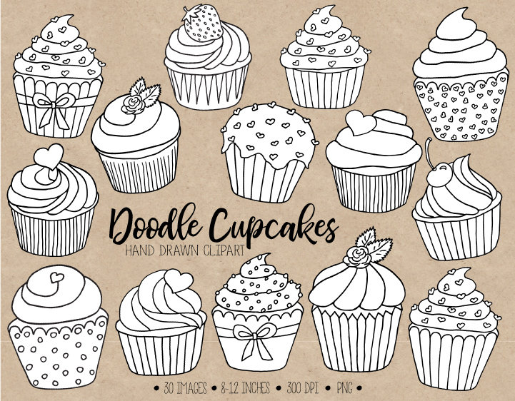 Doodle Cupcake Clipart. Hand Drawn Black & White Cupcake - Etsy