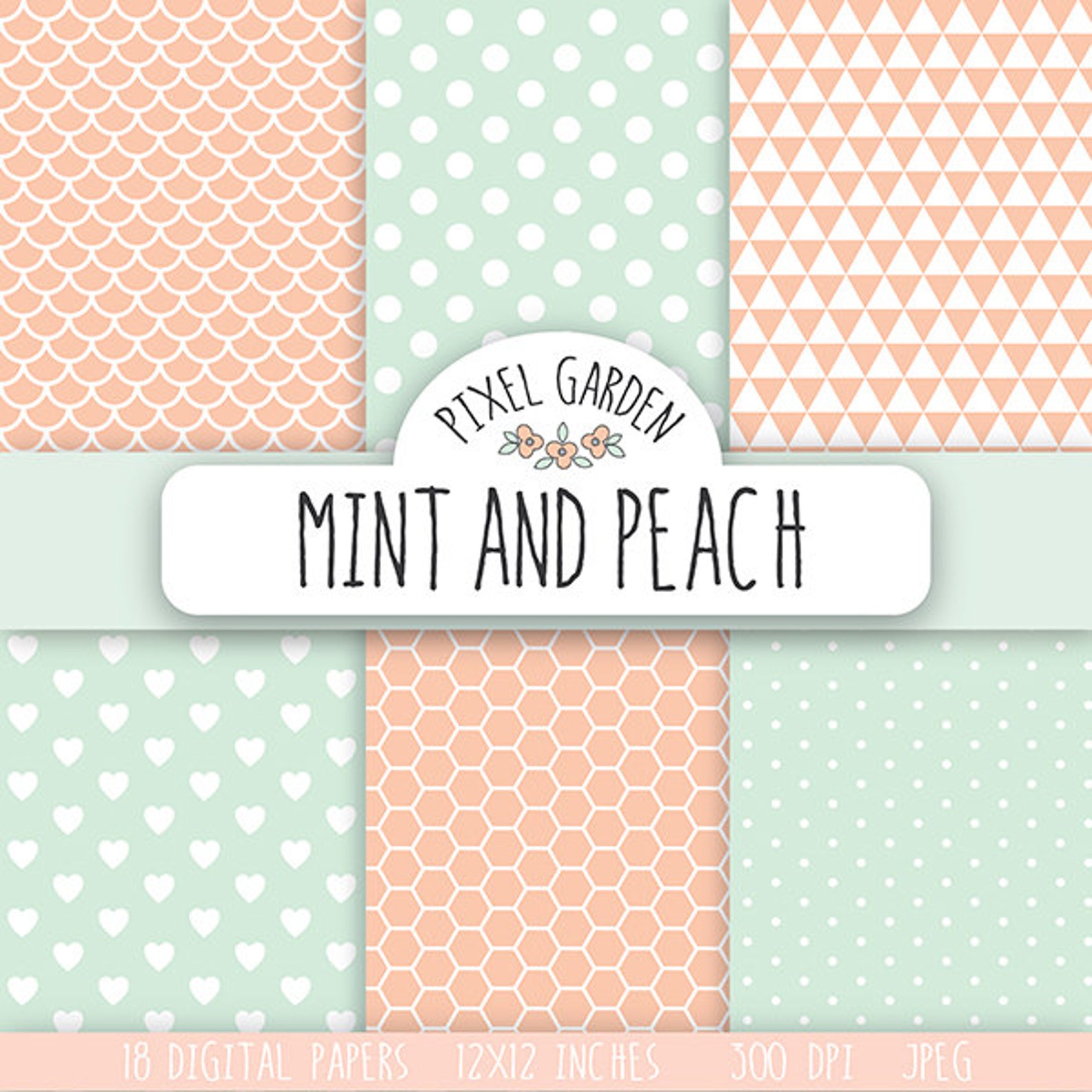 Mint and Peach Digital Paper Pack. Pastel Scrapbooking Paper. - Etsy