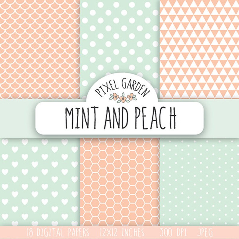Mint and Peach Digital Paper Pack. Pastel Scrapbooking Paper. Mint ...