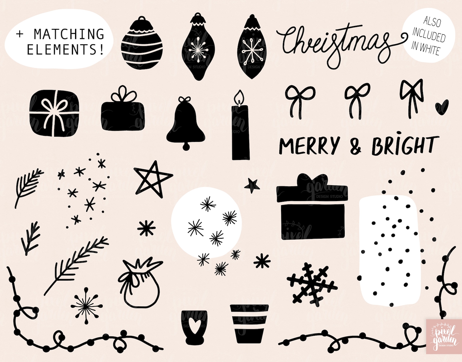 Black & White Christmas Tree Clipart. Hand Drawn Minimalist - Etsy