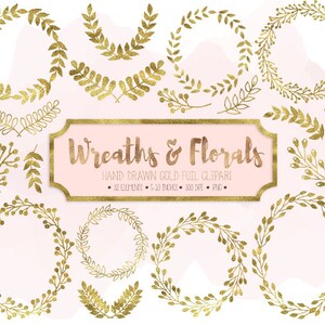 Gold Wreaths & Laurels Clip Art. Gold Foil Floral Elements Clip Art ...