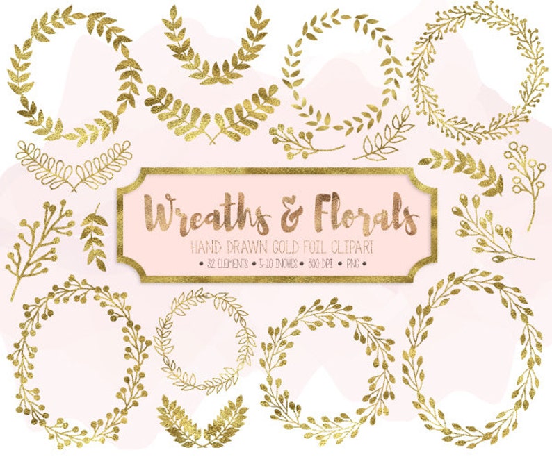 Gold Wreaths & Laurels Clip Art. Gold Foil Floral Elements | Etsy